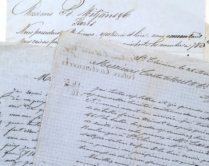 1870s, Four Antique French Blue-grey Letter, Hand Cursive Writing, Ink ...
