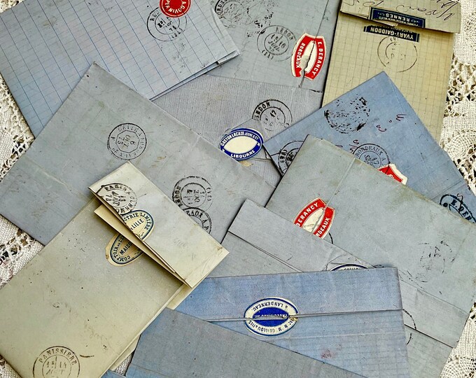 1870s, Lot of 13 Antique French Letters + Label ( Rare ) Blue Stamp ...