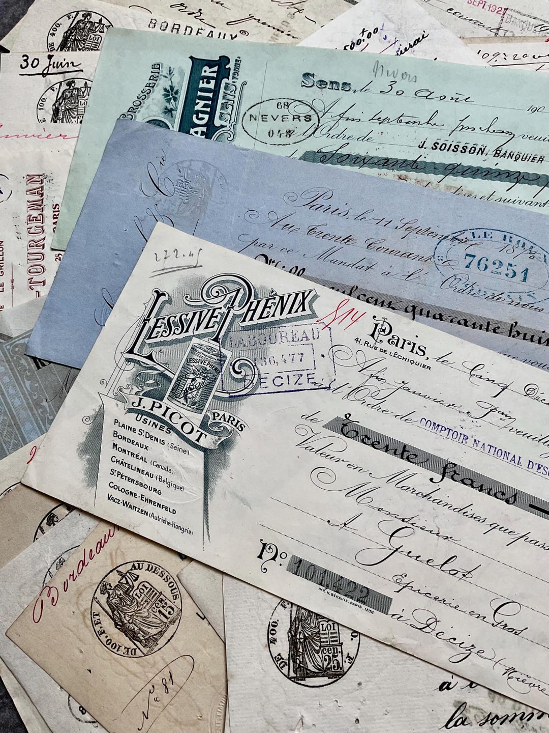 1870s-1930s,antique Vintage French Ephemera/ 30 Pcs /payment Checks ...