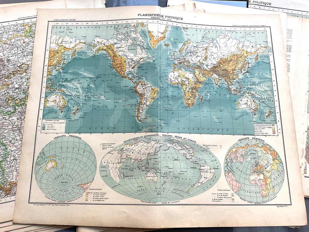1899, Lot of 10 Huge Maps, Antique French Geography Engravings ...