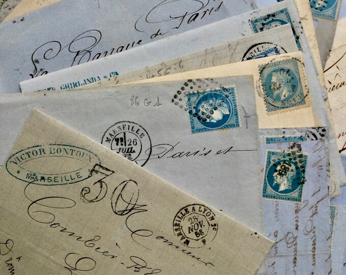 Antique French Letters, Napoleon III Era, Lot of 10, Blue Stamps, Hand ...