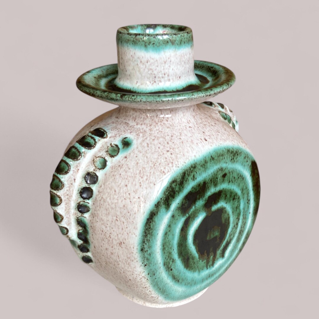 Mid Century Pottery Candle Holder, Vintage Green Drip Glaze With ...