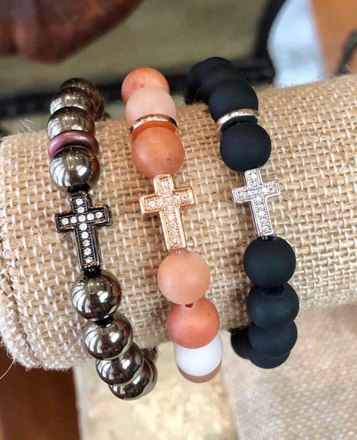 Pave Cross Bead Bracelet Cross Charms Stretch Cross - Etsy