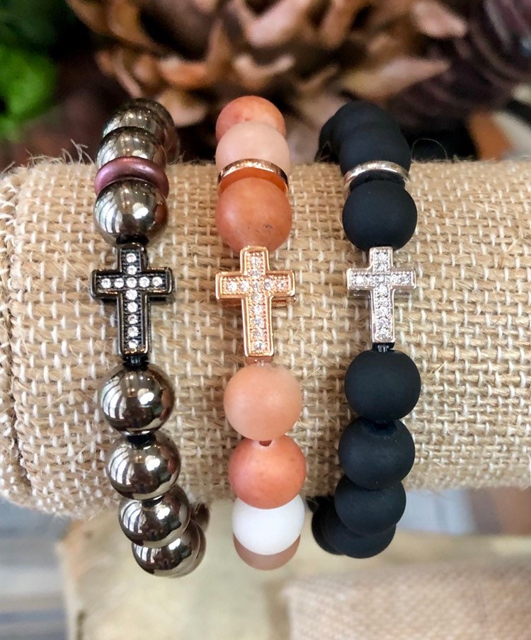Pave Cross Bead Bracelet Cross Charms Stretch Cross - Etsy