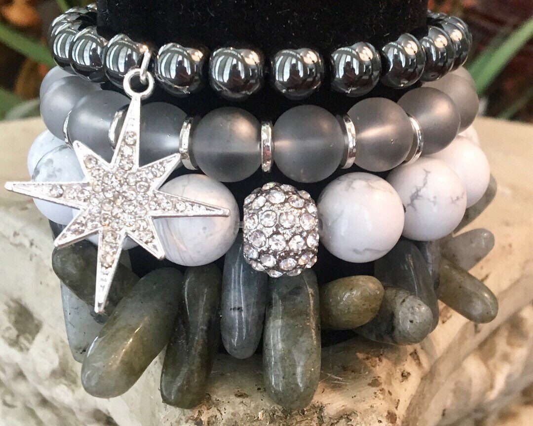 Howlite Stackable Bracelet Set With Center Pave Bead and Grey ...