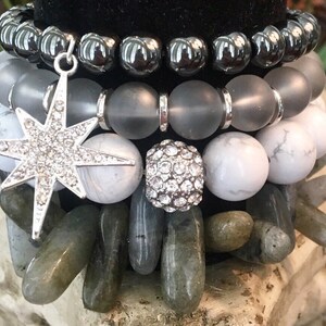 Howlite Stackable Bracelet Set With Center Pave Bead and Grey ...