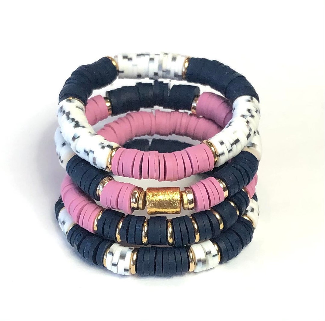 Heishi Bracelets, Navy, White, Gold, Soft African Vinyl Bracelets, Boho ...