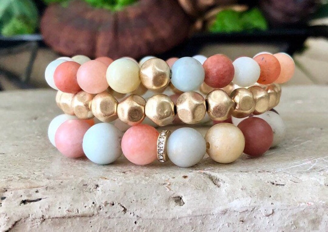 Gold Stackable Bracelet Set, Gold Filled Beads,amazonite Beads, Beaded ...