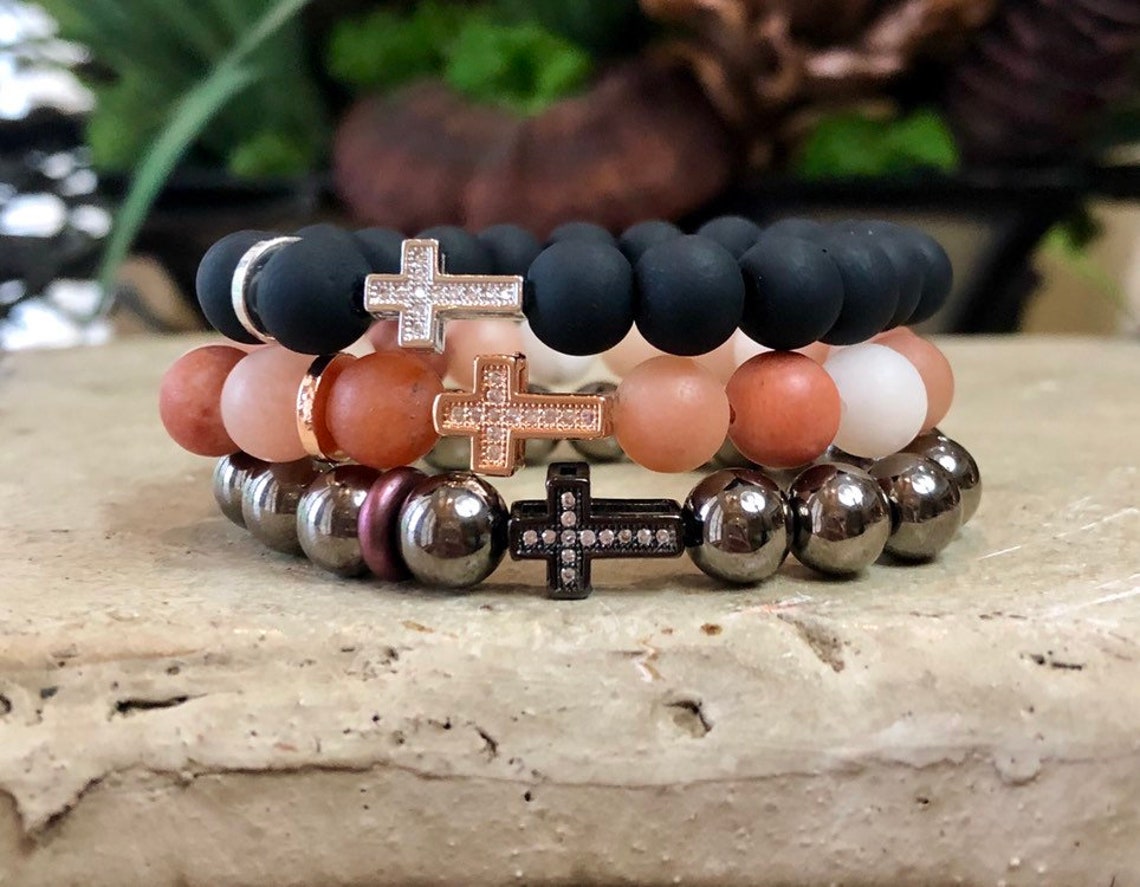 Pave Cross Bead Bracelet Cross Charms Stretch Cross - Etsy