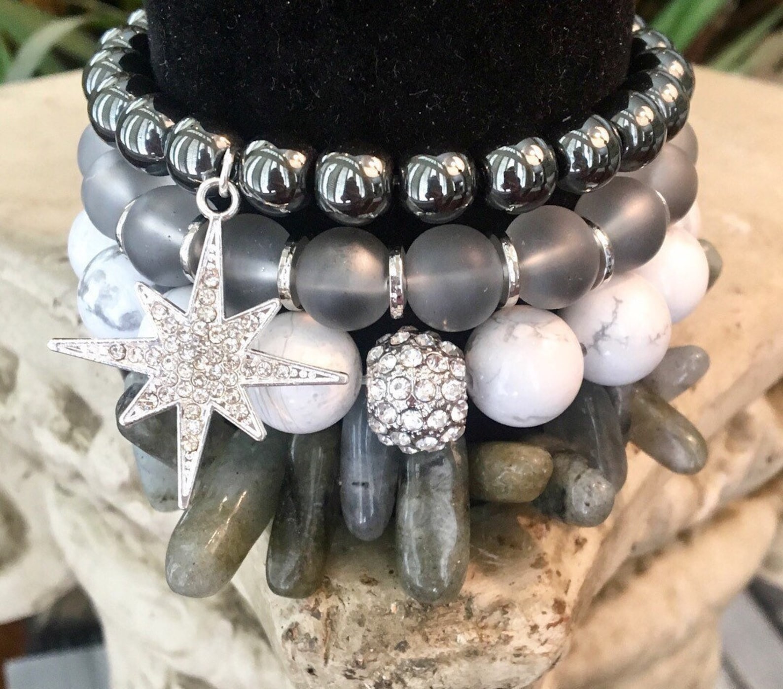 Howlite stackable bracelet set with center Pave Bead and grey | Etsy