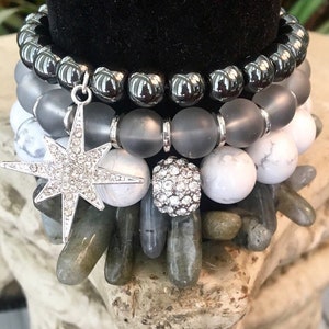 Howlite Stackable Bracelet Set With Center Pave Bead and Grey ...