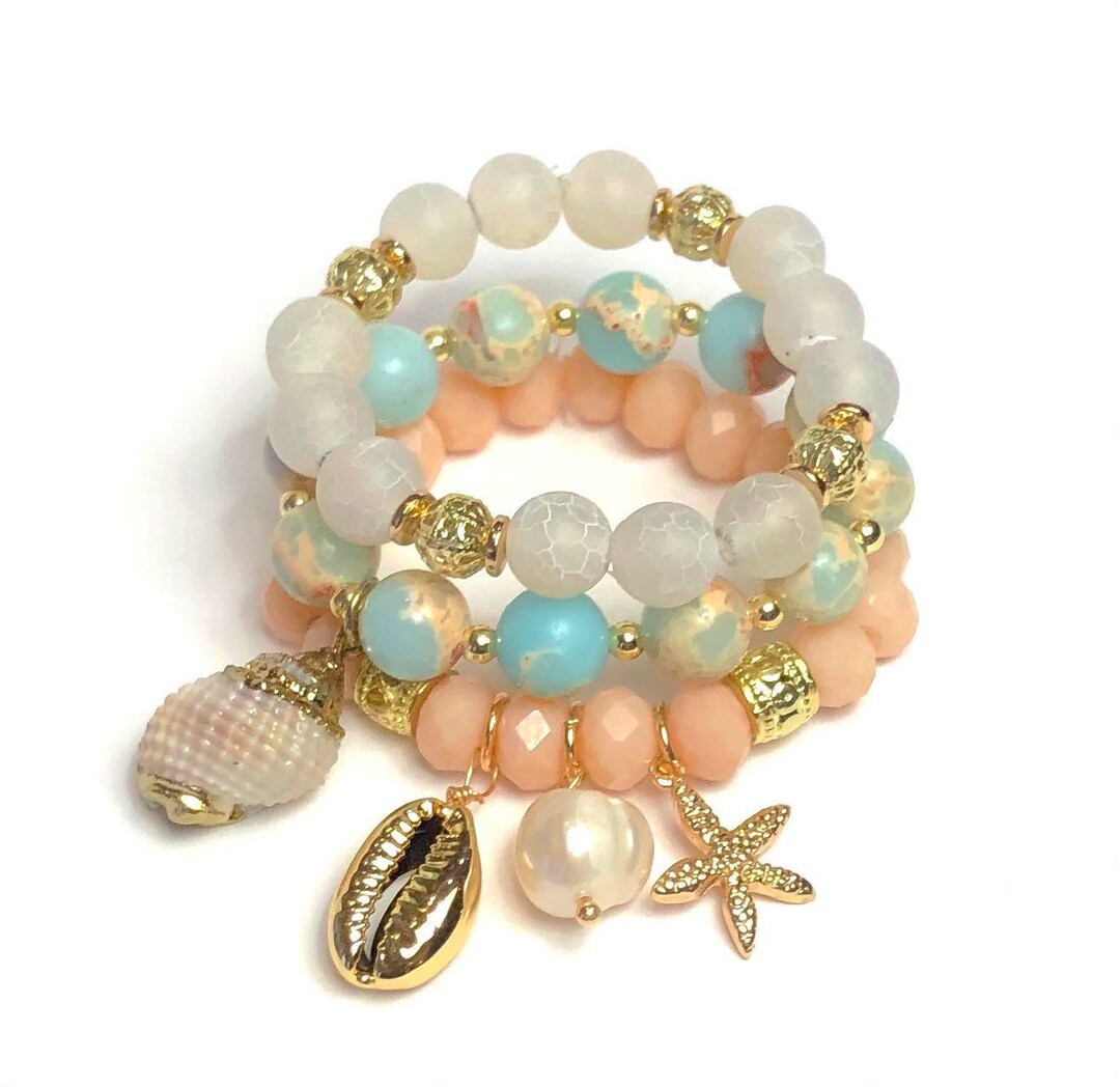 Beach Bracelet Set, Starfish Charm, Seashell Charm, Beach Theme Jewelry ...