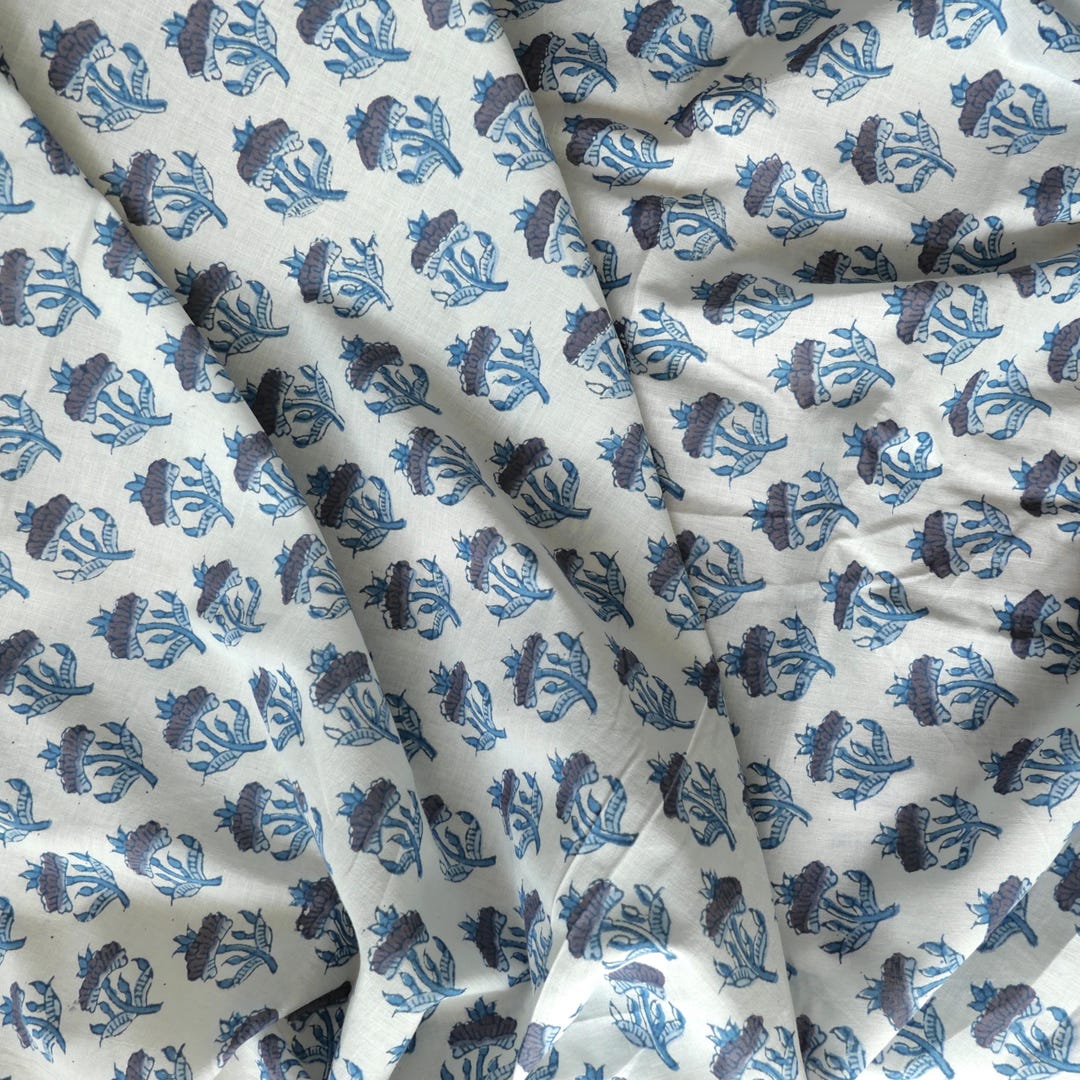 Smooth Fabric With Scattered Flowers in Blue Grey on Pure White, 100% ...