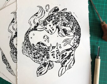 Fish linocut | Etsy