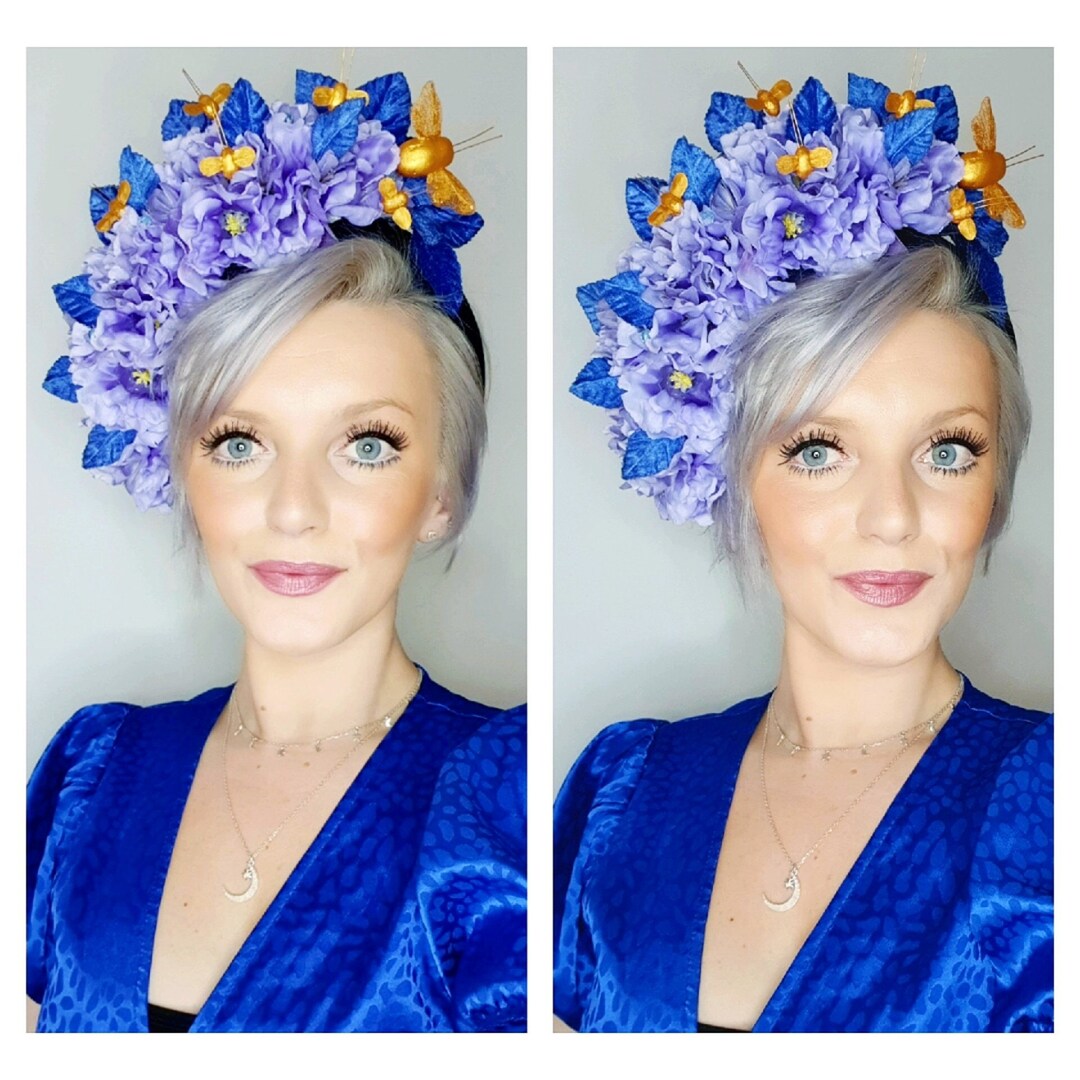 Statement Golden Bee Headpiece With Purple Blossom, on Navy Blue Velvet ...
