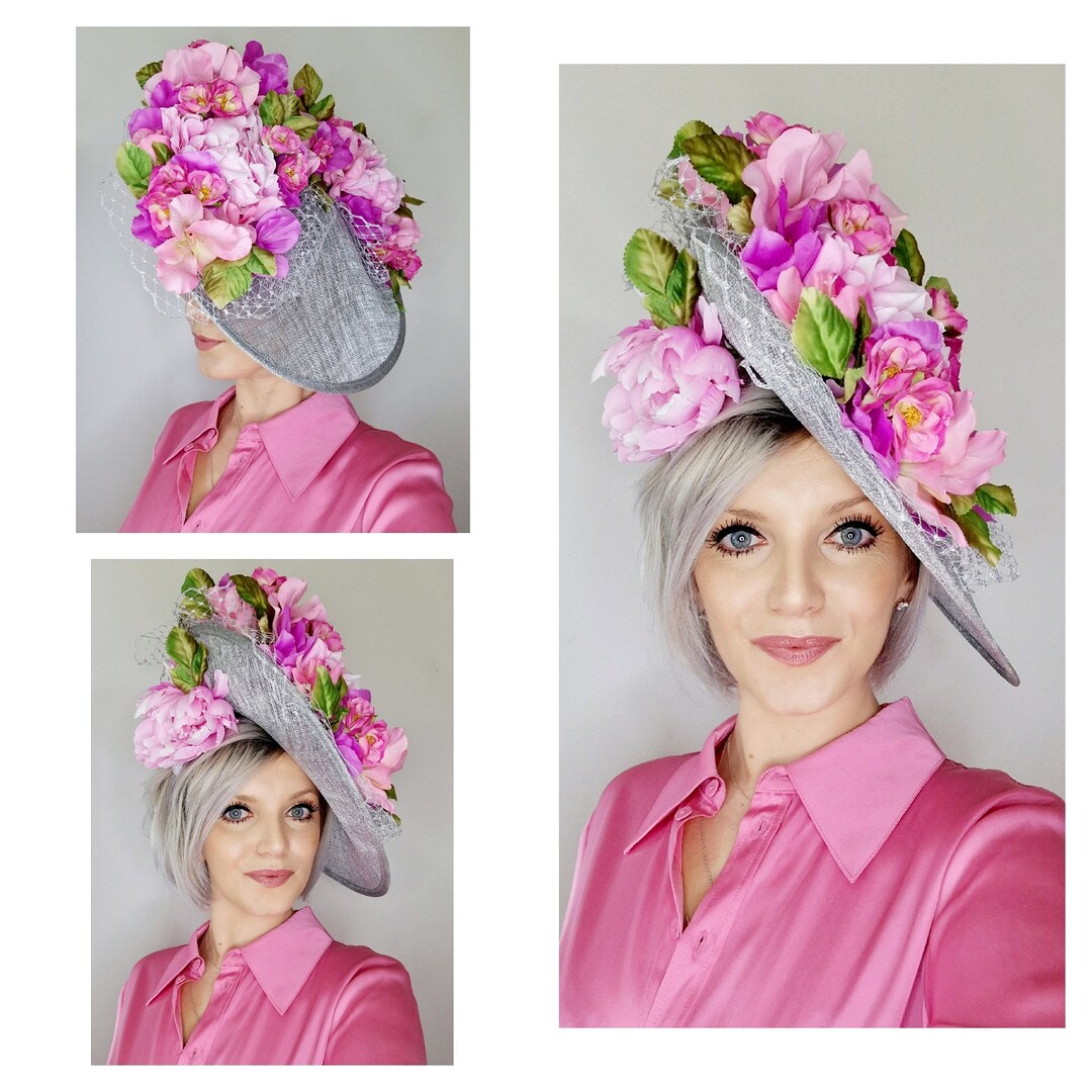 Bespoke Handmade Stunning Garden Blossom Silver Metallic Sweeping Hat ...