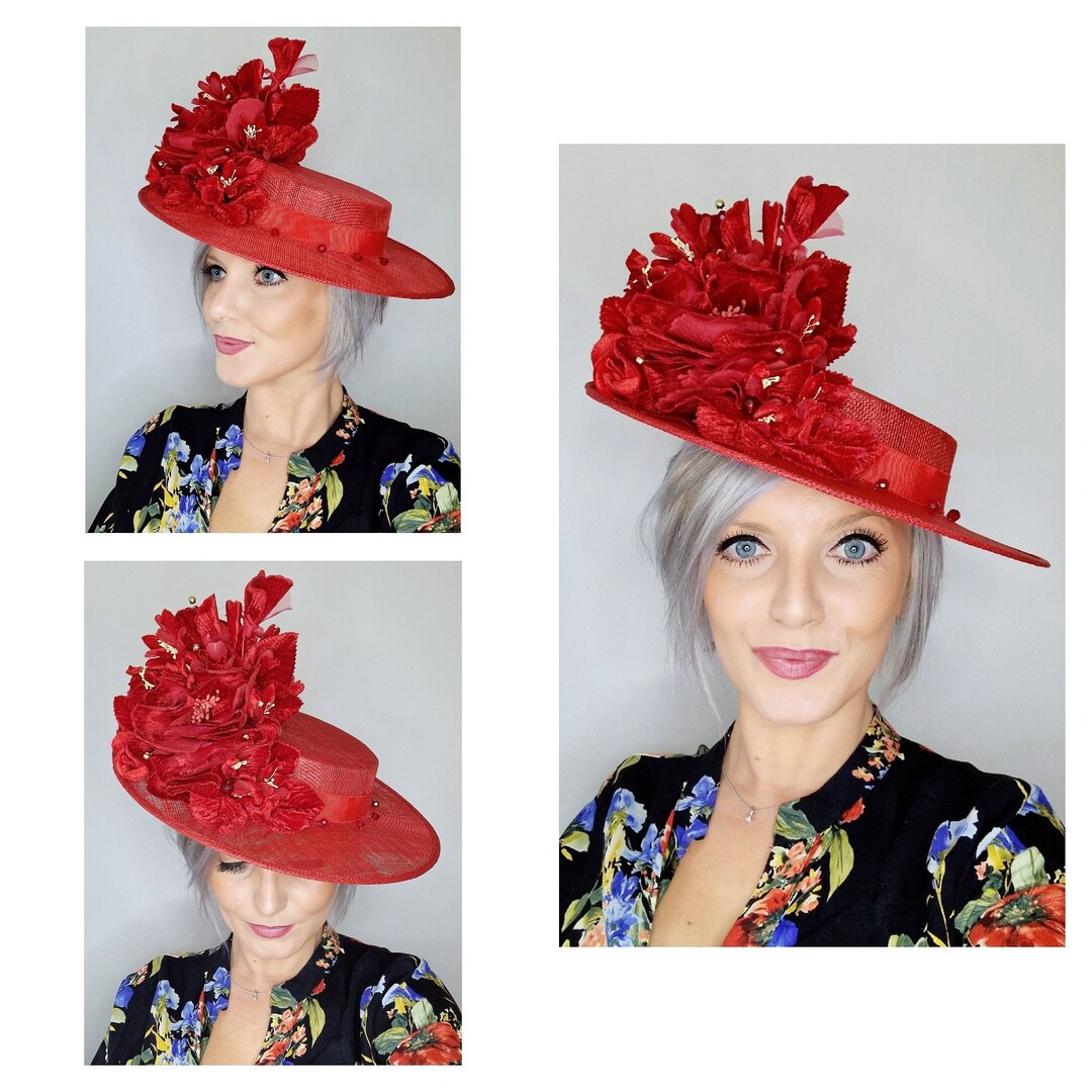 Bespoke Handmade Scarlet Bloom Hat-large Velvet Scarlet Red Roses,red ...