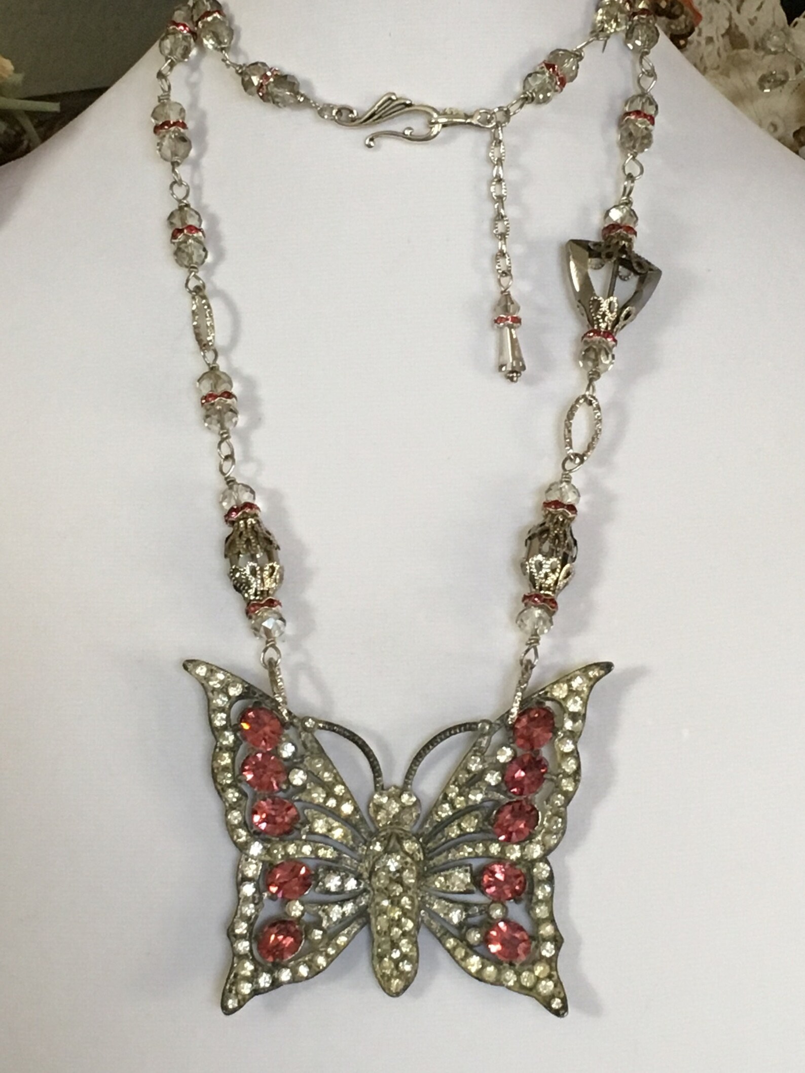 Vintage Pink Rhinestone Butterfly Necklace - Etsy