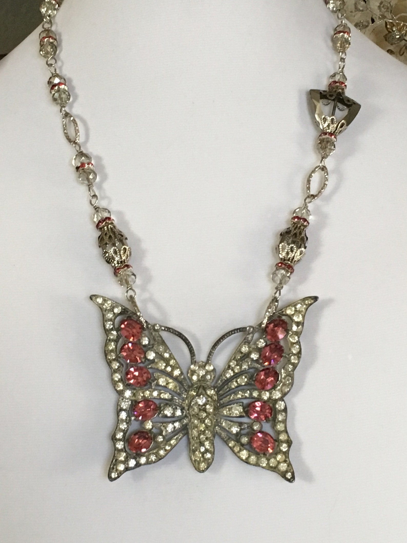 Vintage Pink Rhinestone Butterfly Necklace - Etsy