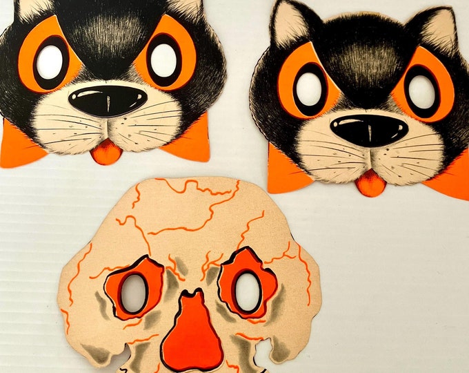 One Vintage 1940's Mini Paper Halloween Masks - 2 Black Cats/1 Skeleton ...