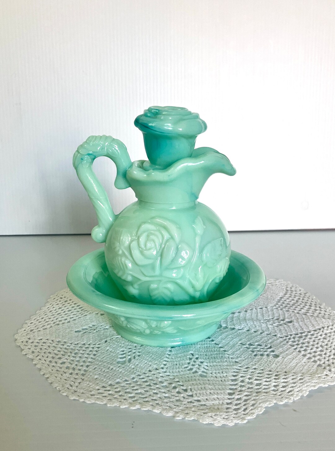 Vintage AVON Green Slag Glass Pitcher and Basin Set - Etsy