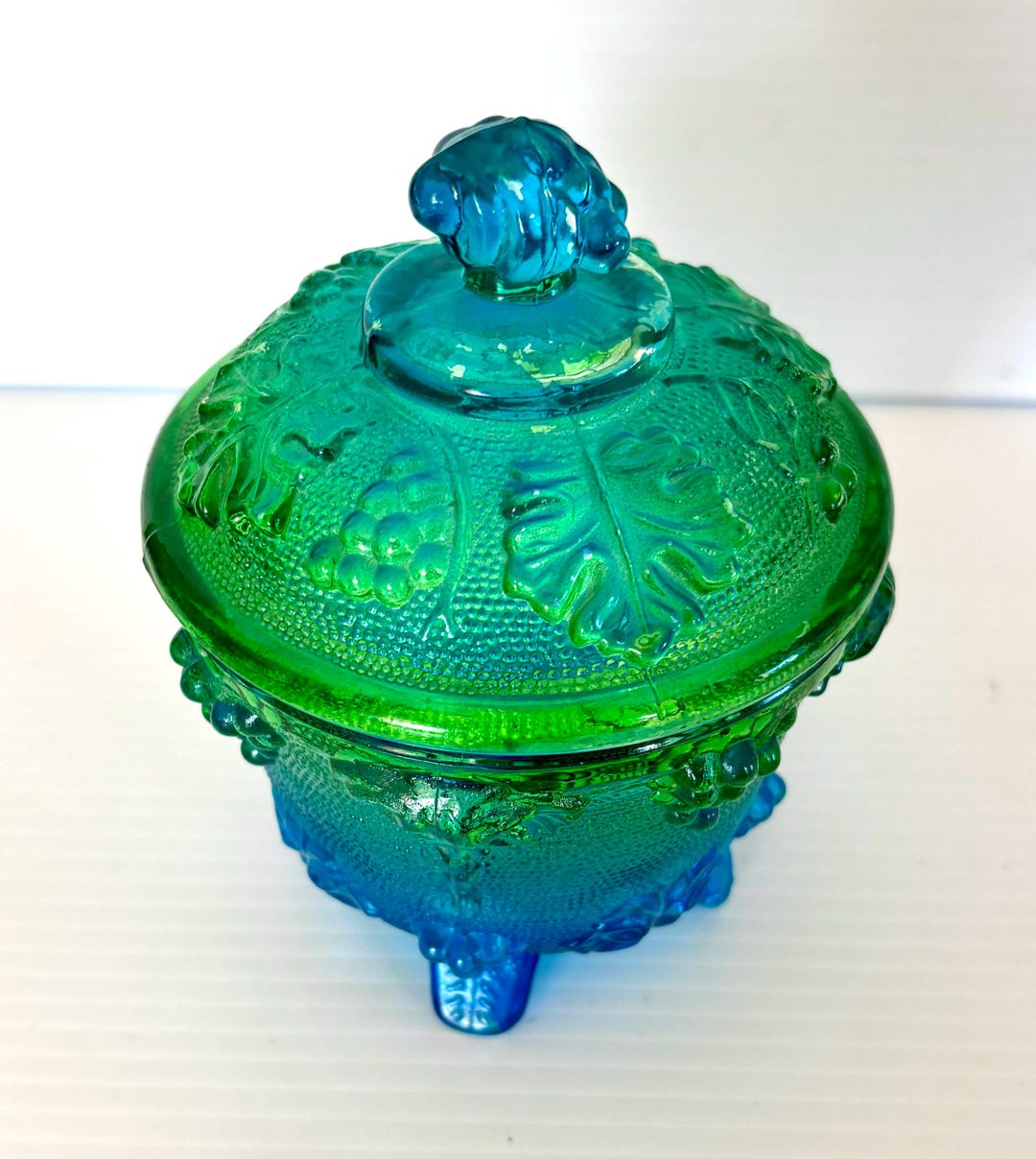 Vintage Jeanette Blue Green Candy Dish - Tri Footed Grape Vine Design ...
