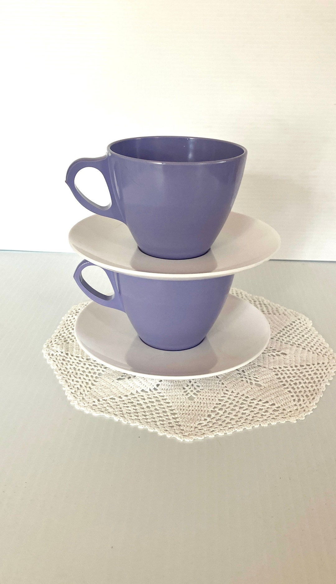 Vintage set of 2 melmac Coffee Cup W/saucer White Saucer/lavender Cup ...