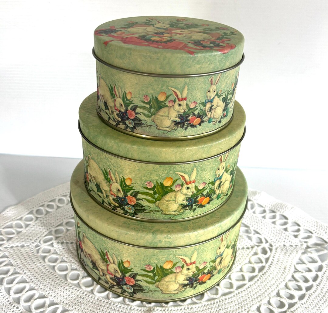 Three Vintage Nesting "easter Tins" Bunnies/rabbits Largest Measures ...