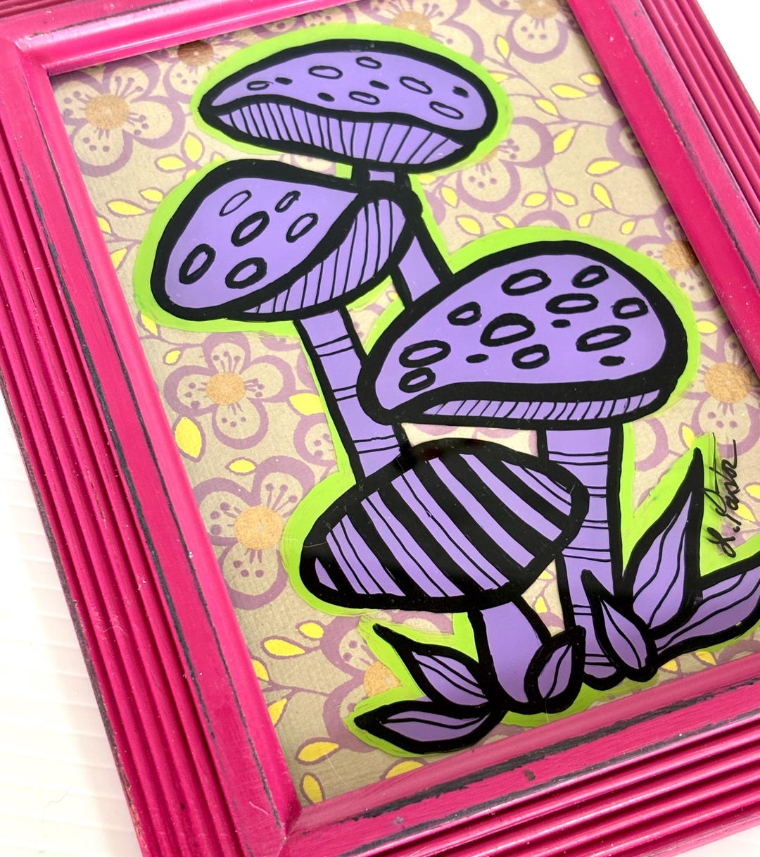Reverse Glass Painting " Mushrooms" Purple- Hand Painted 5in X 7in ...