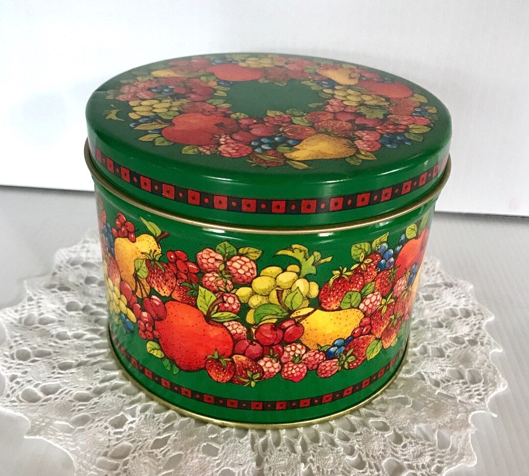 Vintage Round Colorful Tin Depicting Fruit - Grapes, Apples ...