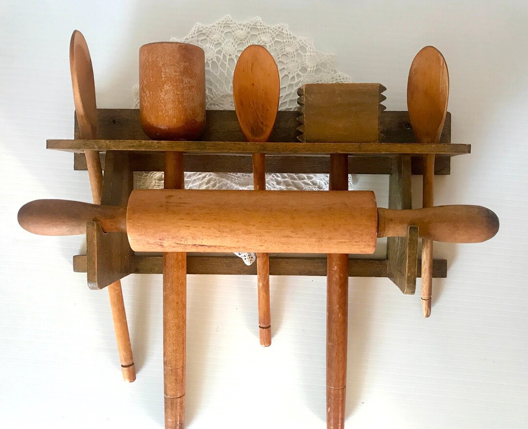 Vintage Primitive Hanging Wood Utensil Holder With Rolling Pin, Three ...