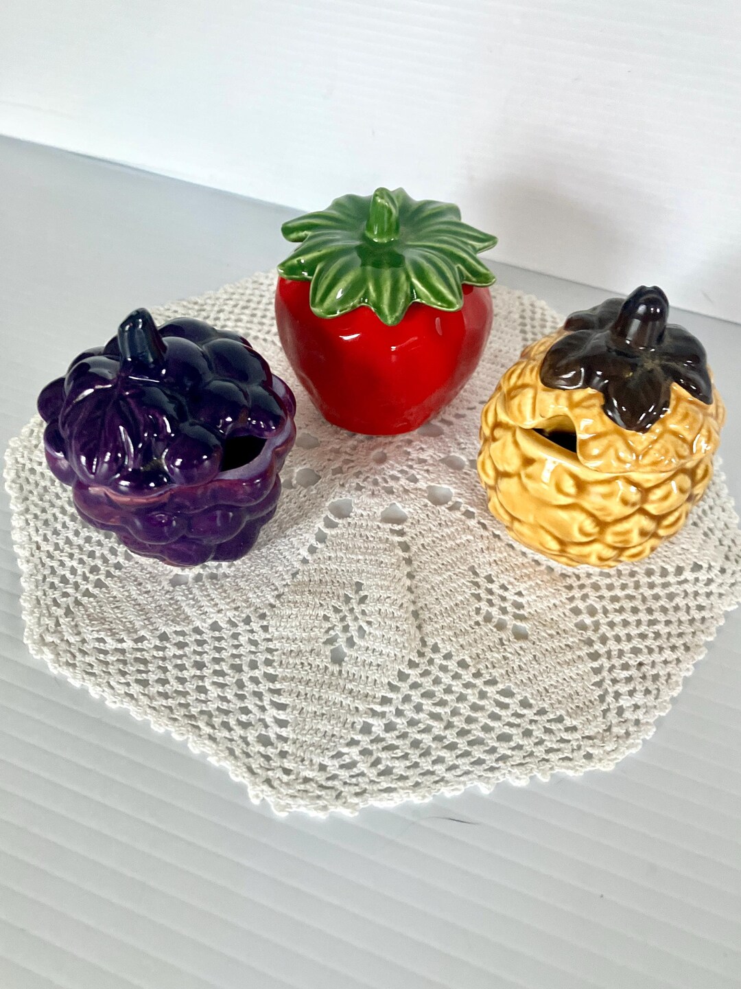 Vintage (set X 3) Fruit Jam Jars, Mini Jelly/condiment Pots - Grapes ...