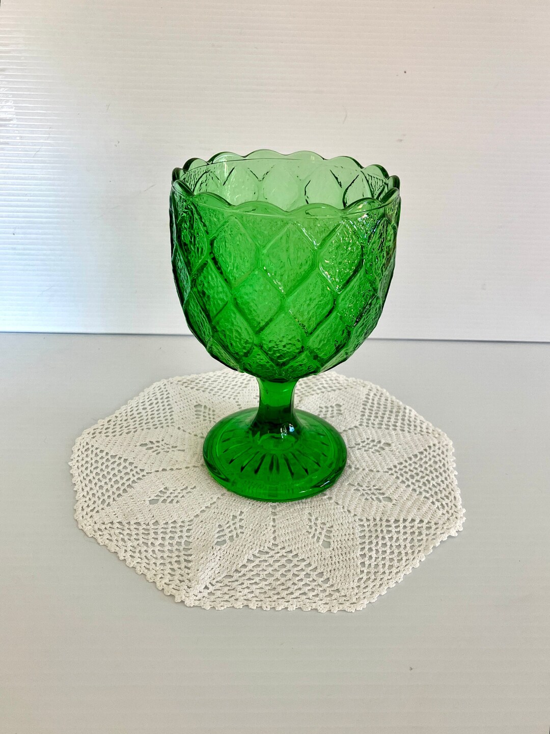 Vintage 1960's Green Glass Compote Goblet - Harlequin Quilted Pattern ...