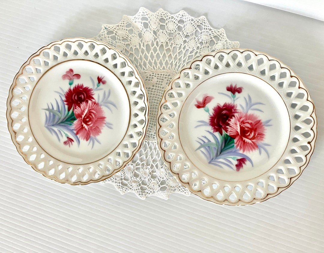 Vintage Floral Plates set of 2 Porcelain Lace Edge Plates hand Painted ...