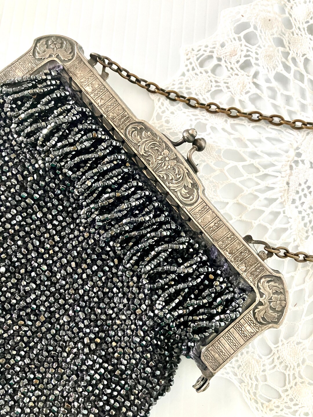 Vintage Fully Black/gun Metal Iridescent Glass Beaded Small Antique ...