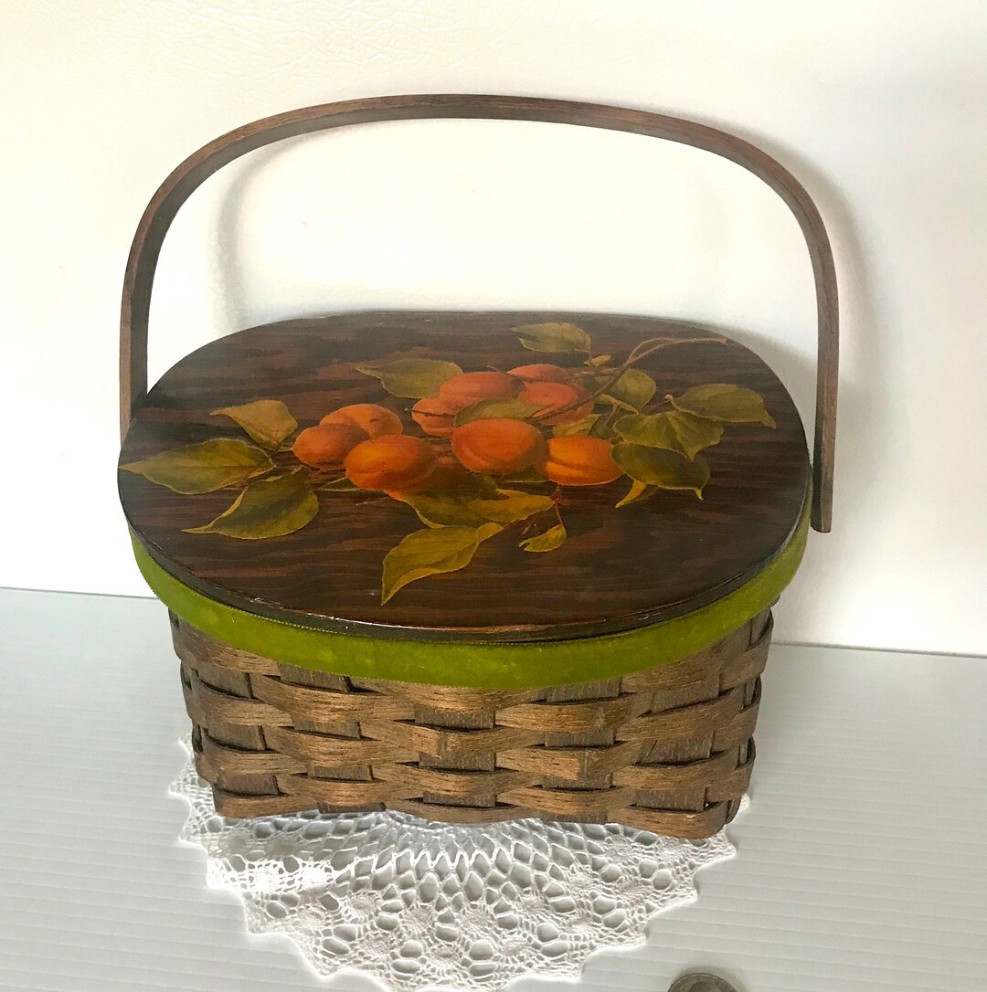 Vintage Woven Basket With Decoupage Peach Lid - Etsy