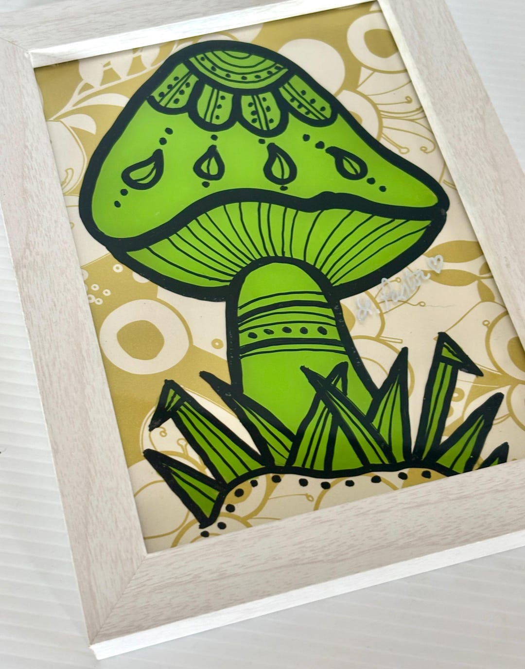 Reverse Glass Painting " Mushroom"- Green - Hand Painted Image Size 4 ...