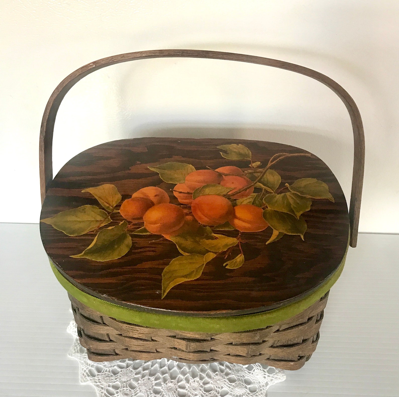 Vintage Woven Basket With Decoupage Peach Lid - Etsy