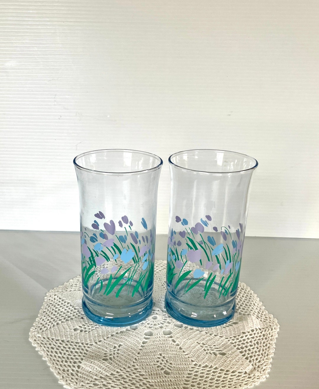Vintage Set X 2 Libbey "springtime" Water Glasses/tumbler - Purple/blue ...