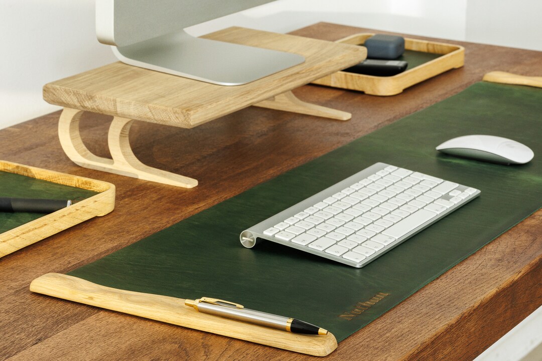 Green Leather Desk Mat With Wood Sides | Personalized Laptop Desk Mat ...
