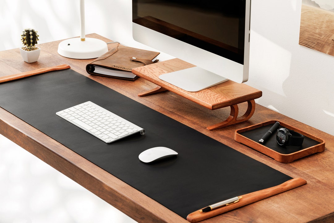 Desk Organizer Set of Wood Desk Shelf | Leather Desk Mat | Tray ...