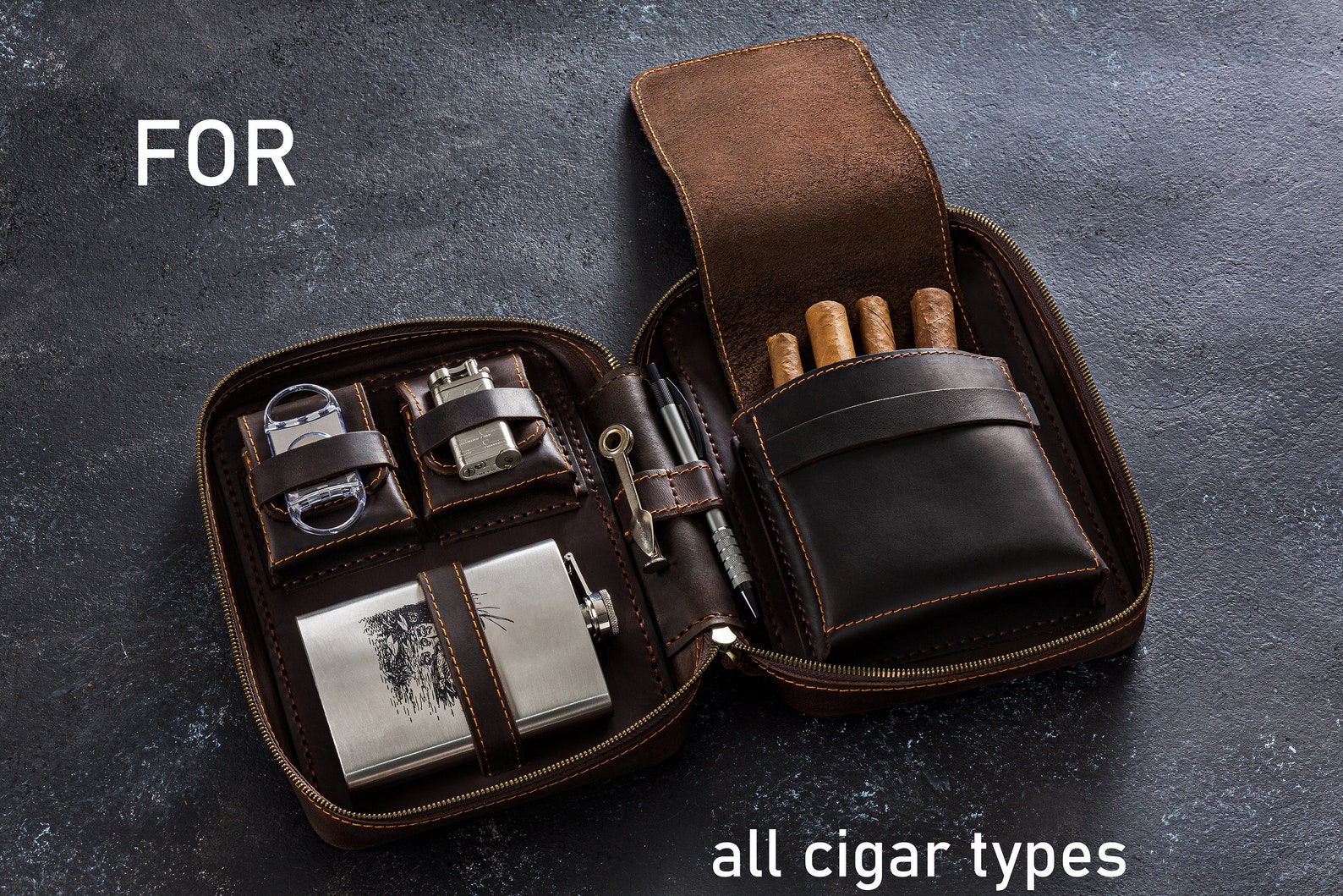 Leather Cigars Case With Flask Pocket, Personalized Leather Box for ...