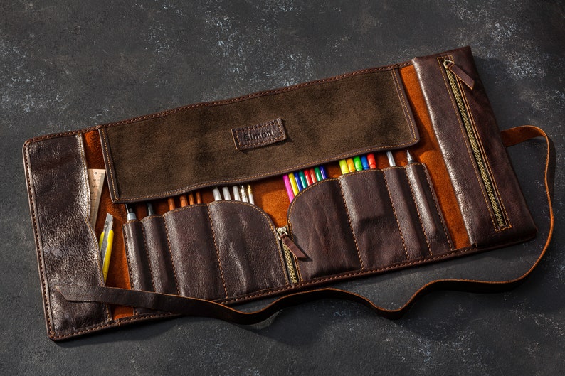 Art Supplies Roll up | Leather Pencil & Brush Case | Personalized ...