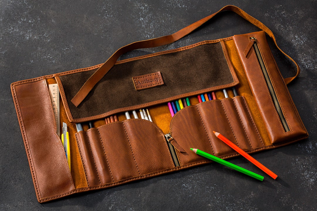 Travel Art Supplies Roll Up, Personalized Leather Pencil Roll, Art ...