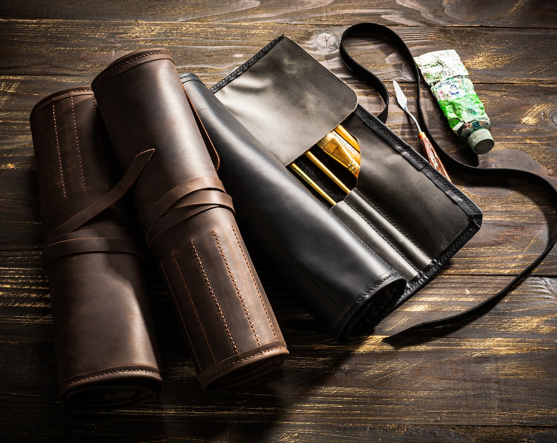 Large leather brush roll up professional artist roll | Etsy