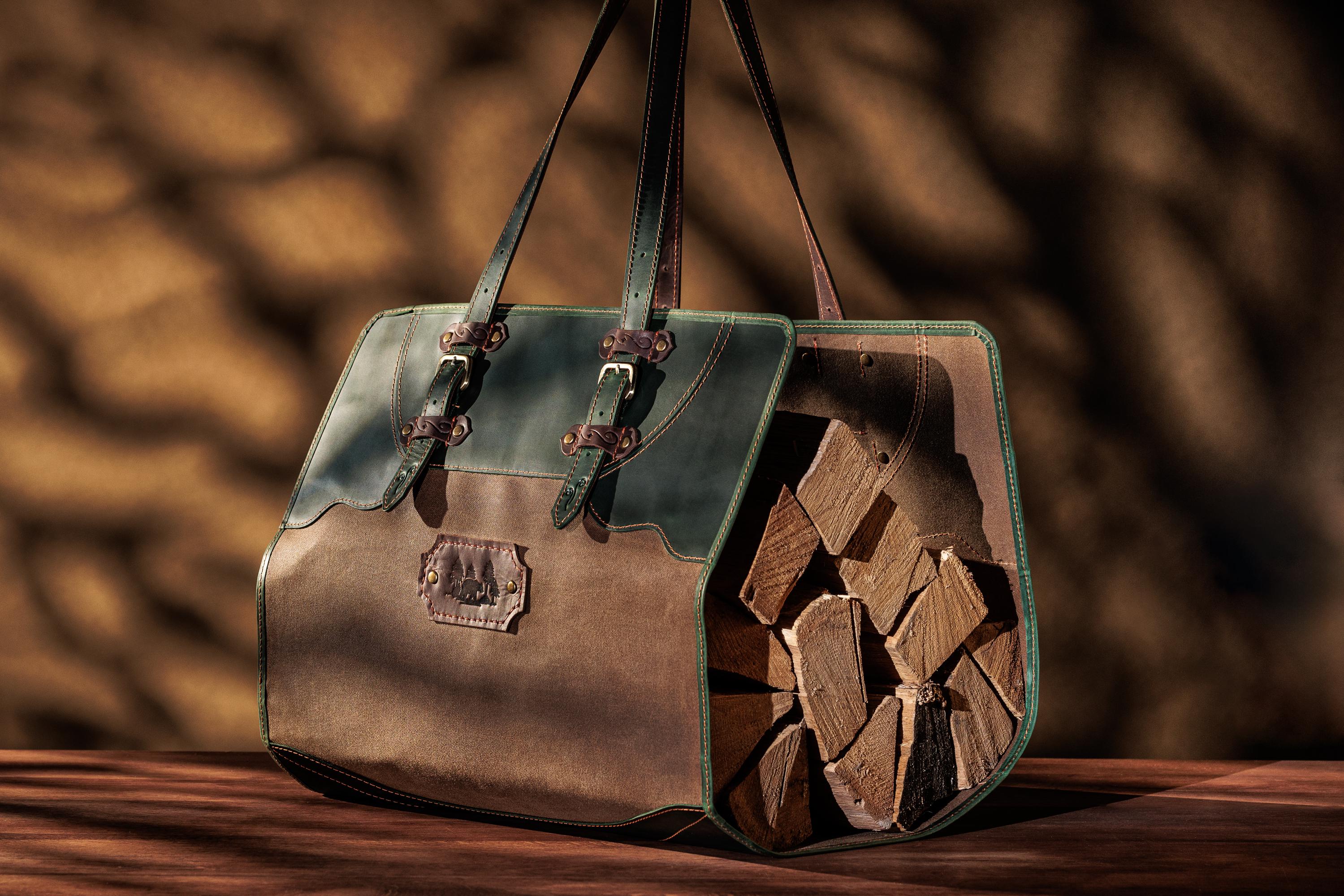 Luxury Heavy Duty Firewood Bag | Canvas and Leather Log Tote for ...