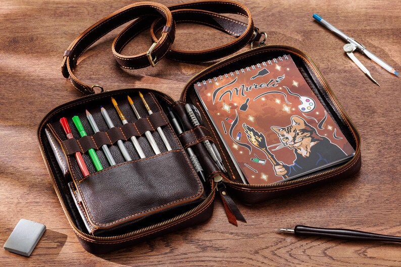 Leather Artist Kit Bag | Travel Sketchbook Organizer | Personalized by ...