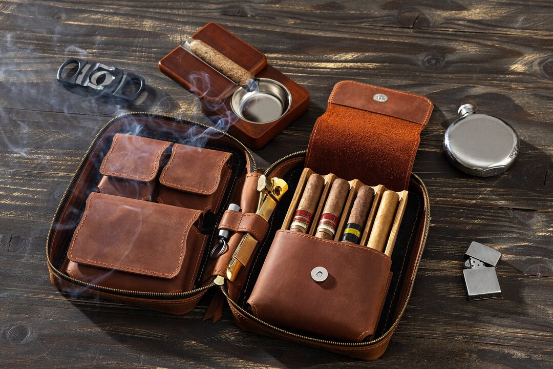 Handmade Leather Cigar Case With Wood Frame – Personalized Groomsmen or ...