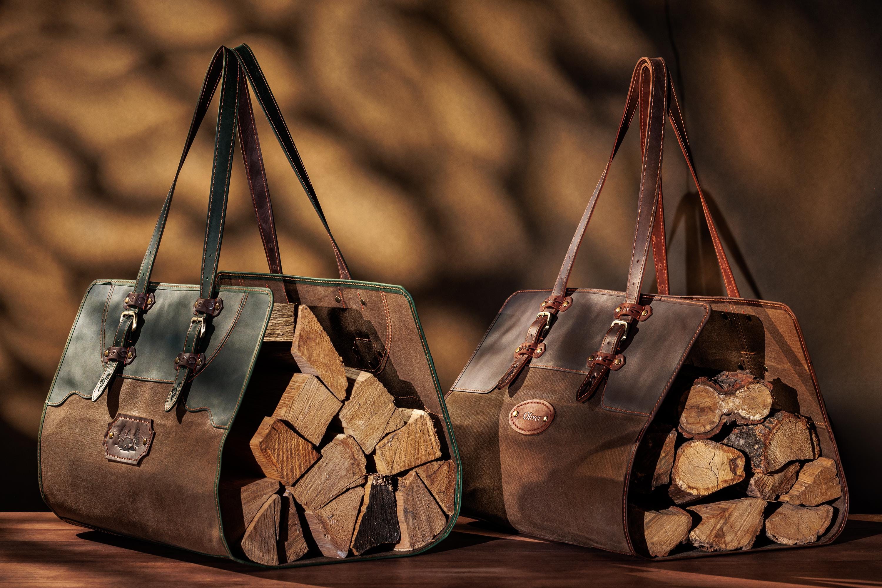 Luxury Heavy Duty Firewood Bag | Canvas and Leather Log Tote for ...