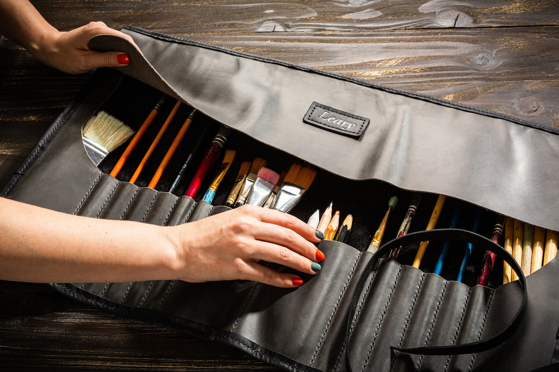 Large Leather Brush Roll up Professional Artist Roll | Etsy